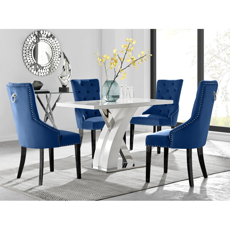 Canora Grey Marietta Chrome Metal & White High Gloss Dining Table Set - 4 Button Luxury Velvet ...